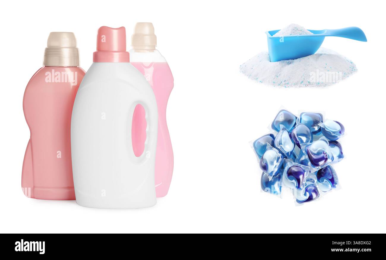 Fabric softeners in bottles, washing powder and laundry detergent pods ...