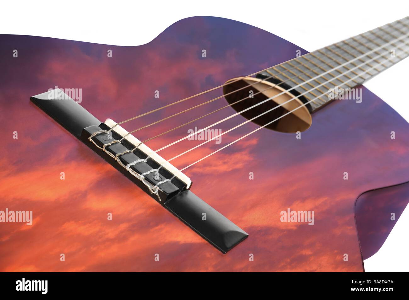 Guitar on white background, closeup. Double exposure of sunset sky and ...
