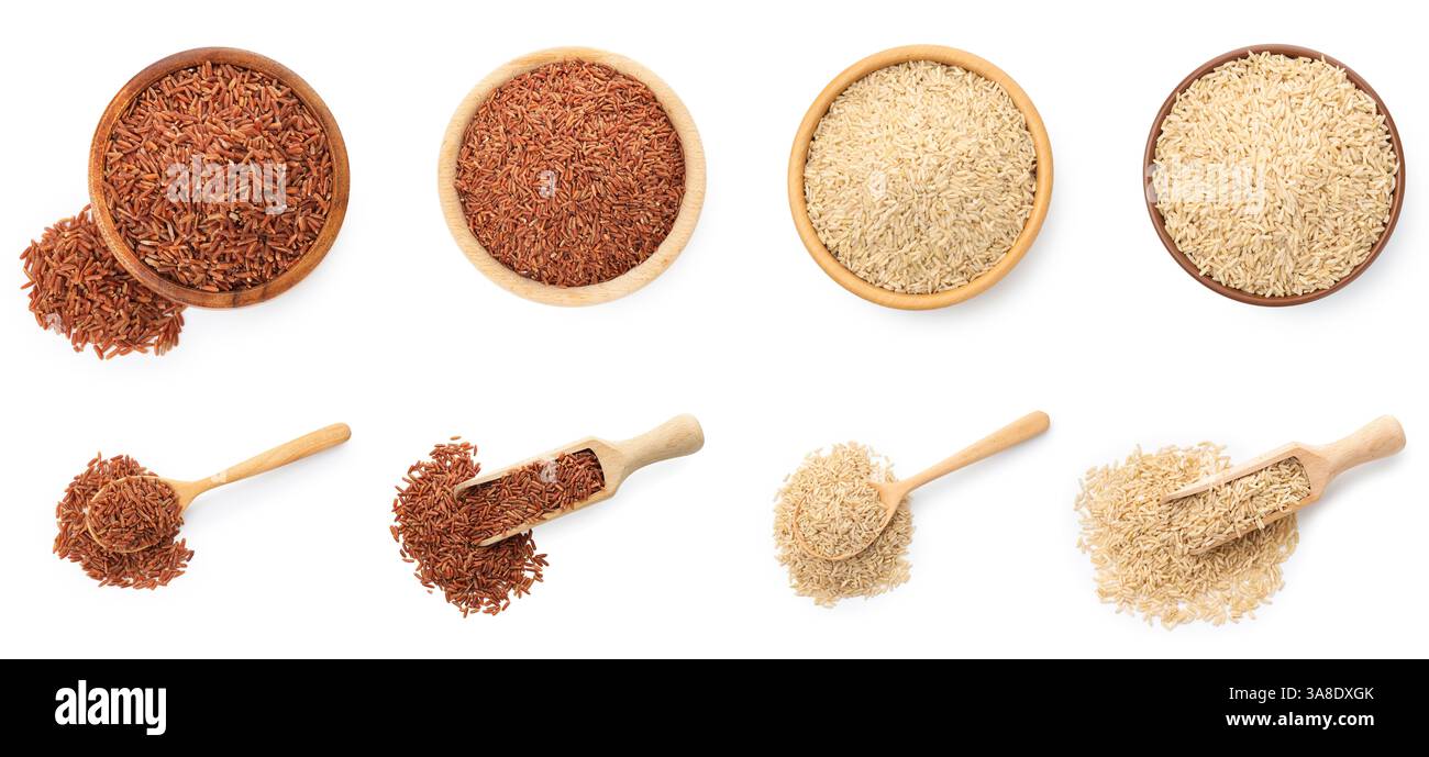 Different types of brown rice on white background, collage. Top view ...
