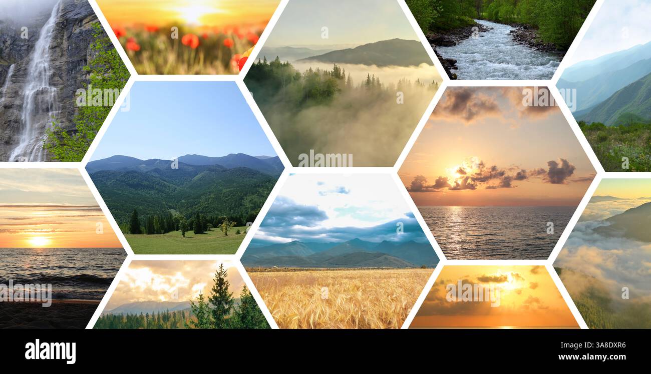 Picturesque nature pictures, collage. Many beautiful landscapes, banner ...
