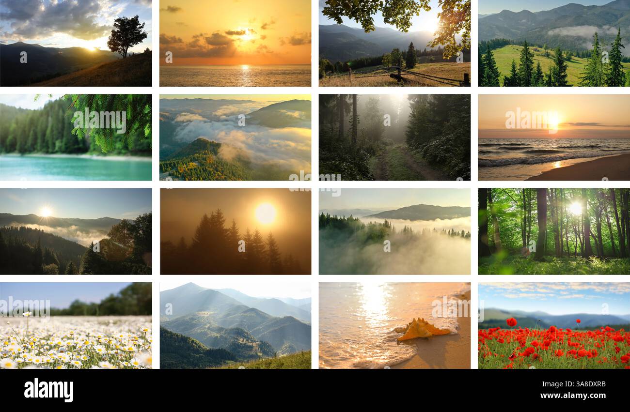 Picturesque nature pictures, collage. Many beautiful landscapes, banner ...