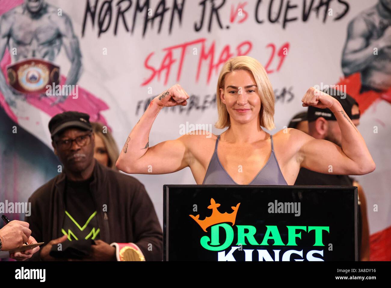 Las Vegas, NV, USA. 28th Mar, 2025. Welterweight Mikaela Mayer poses on ...