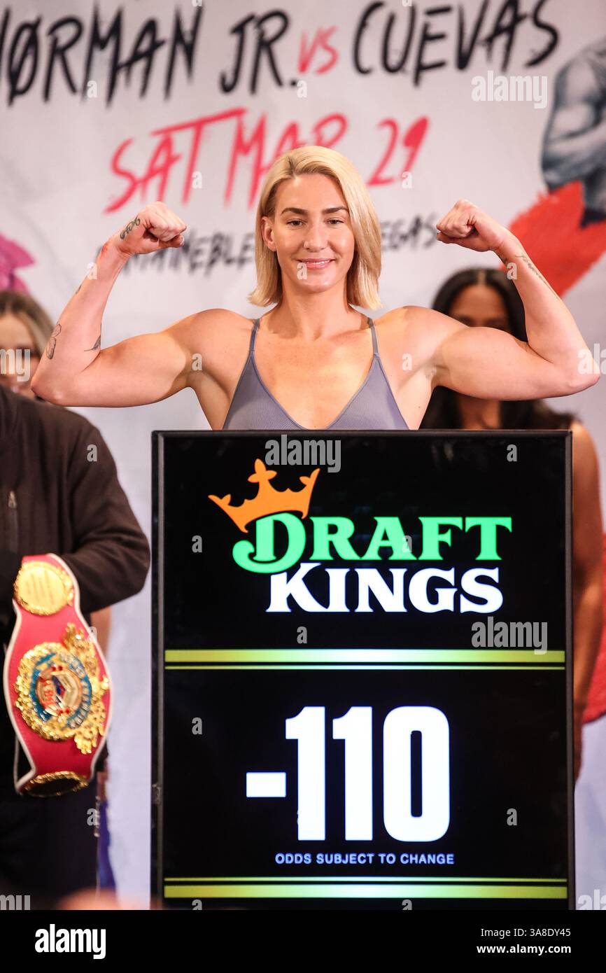 Las Vegas, NV, USA. 28th Mar, 2025. Welterweight Mikaela Mayer poses on ...