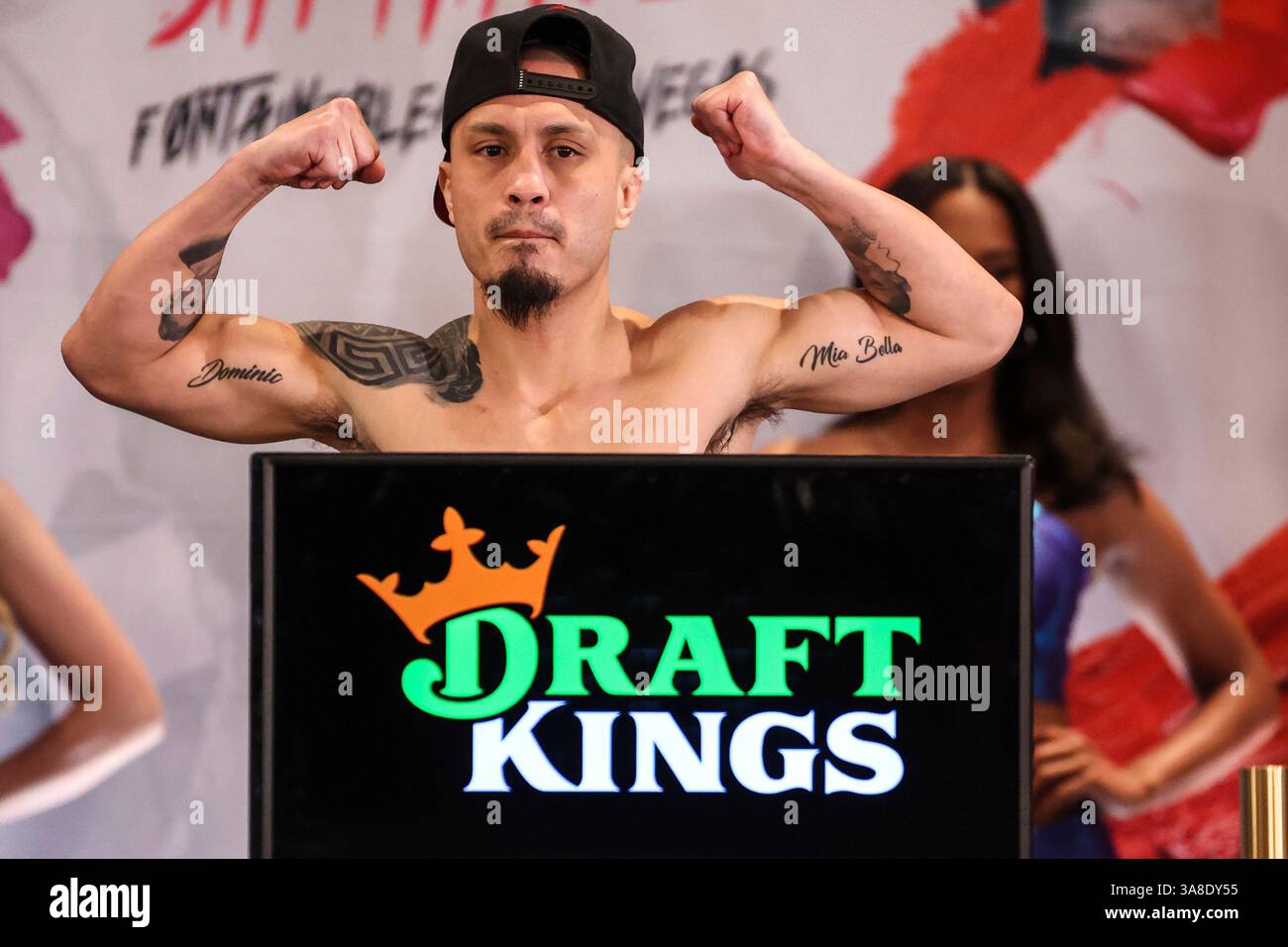 March 28, 2025: Jr. Welterweight Giovannie Gonzalez poses on a scale ...