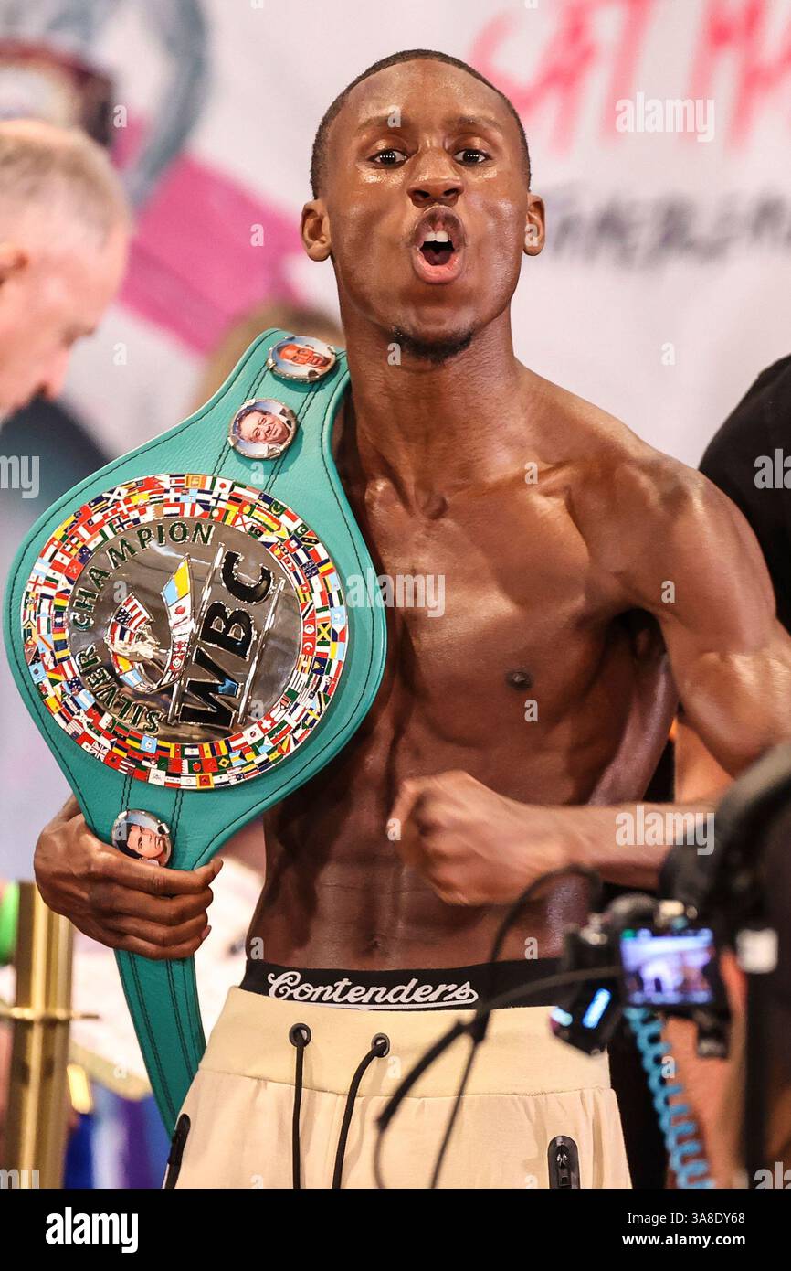 March 28, 2025: Featherweight Bruce Carrington poses on the stage ...