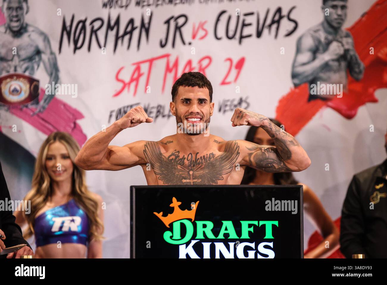 Las Vegas, NV, USA. 28th Mar, 2025. Welterweight Derrieck Cuevas poses ...