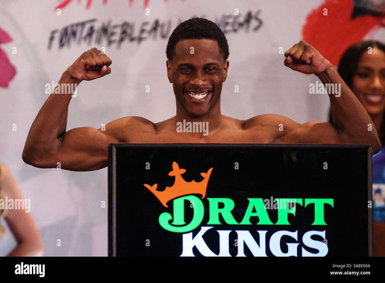 March 28, 2025: Bantamweight Emmanuel Chance poses on a scale during ...