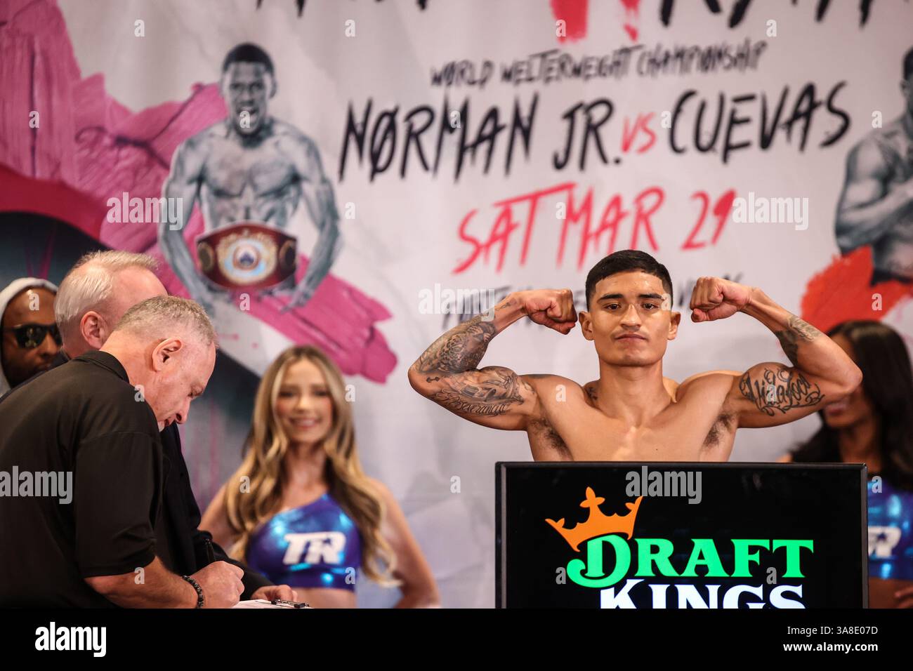 March 28, 2025: Featherweight Jose Enrique Vivas poses on a scale ...