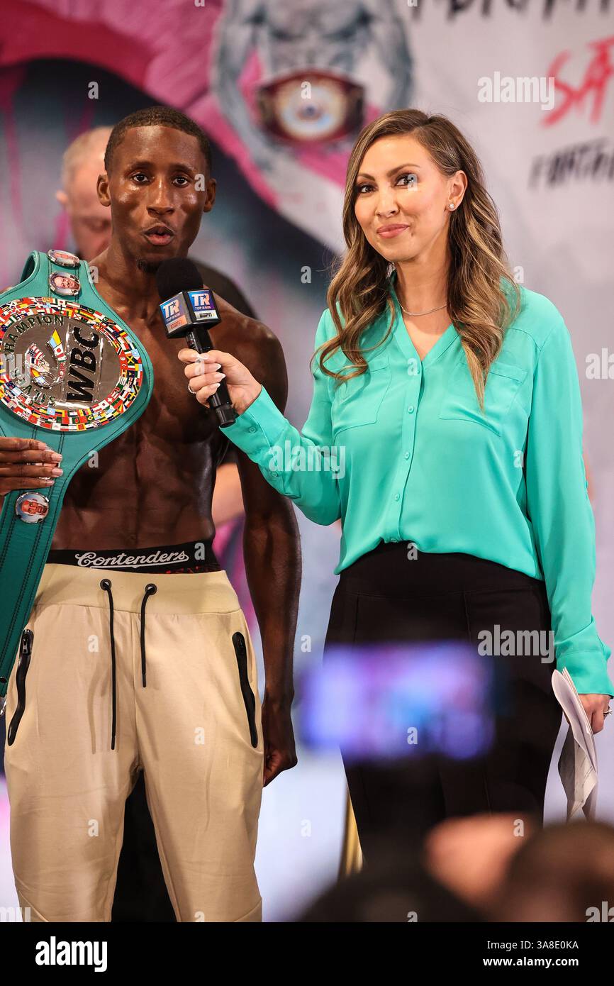 March 28, 2025: Featherweight Bruce Carrington speaks with commentator ...