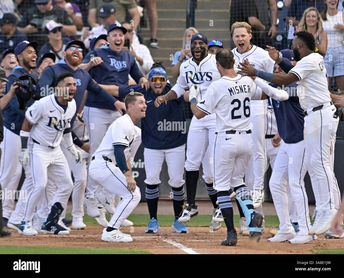 Tampa, United States. 28th Mar, 2025. Tampa Bay Rays players wait at ...
