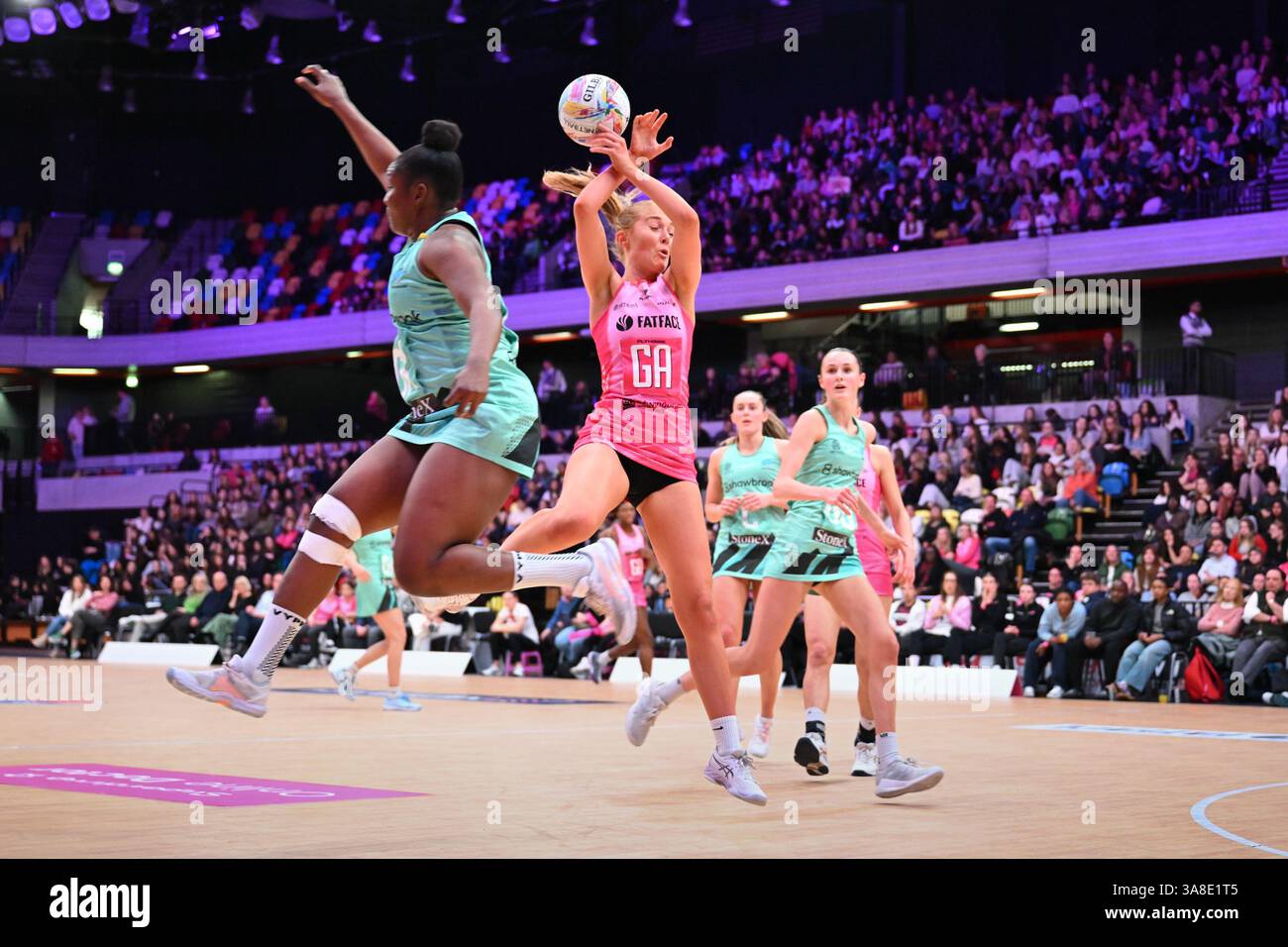 London, UK. 28th Mar 2025. Action from the Netball Superleague match ...