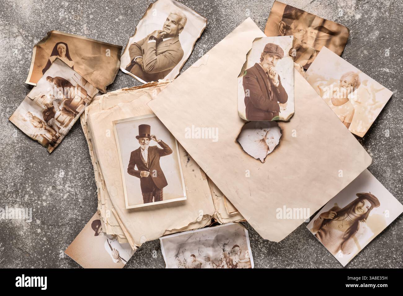 Old album with photos of relatives on grunge background. Concept of ...