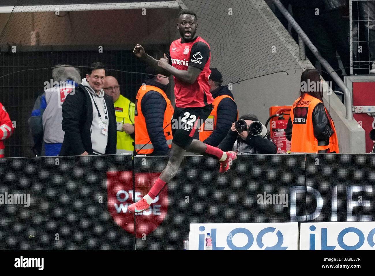Leverkusen's Victor Boniface celebrates during the German Bundesliga ...