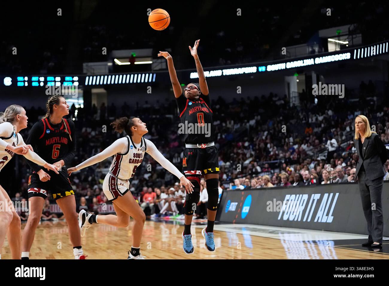 Maryland guard Shyanne Sellers (0) shoots against South Carolina guard ...