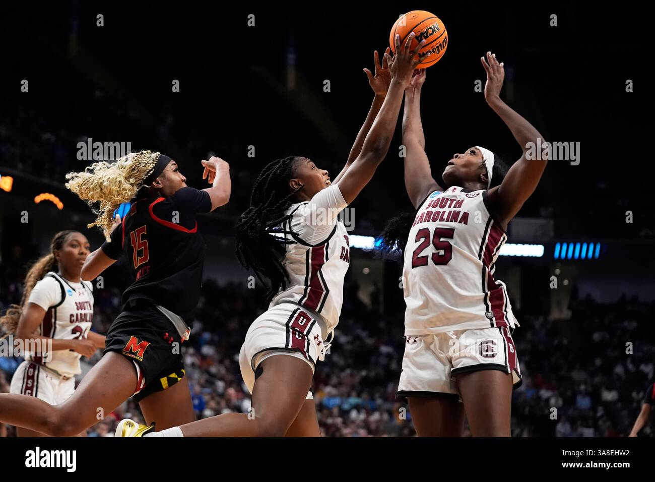 South Carolina guard Raven Johnson (25) and forward Joyce Edwards leap ...