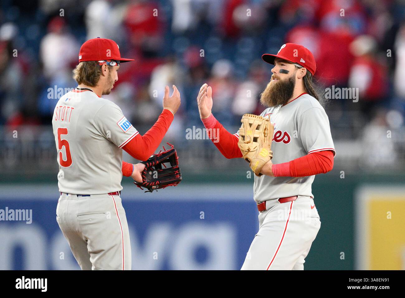 Philadelphia Phillies center fielder Brandon Marsh, right, and second ...