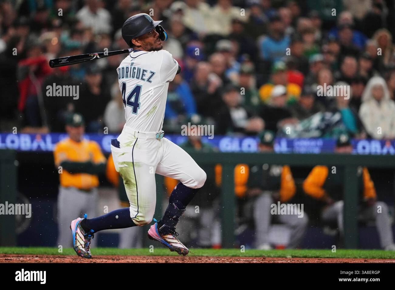 Seattle Mariners' Julio Rodriguez swings during an at-bat against the ...