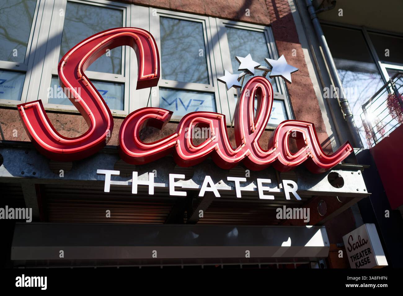 Cologne, Germany March 28 2025: Scala Theater neon sign at the entrance ...