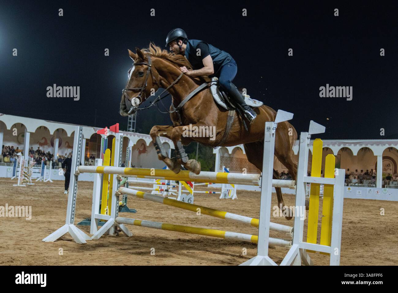 Mehdi Mohammed on his horse competes in the Show Jumping Championship ...