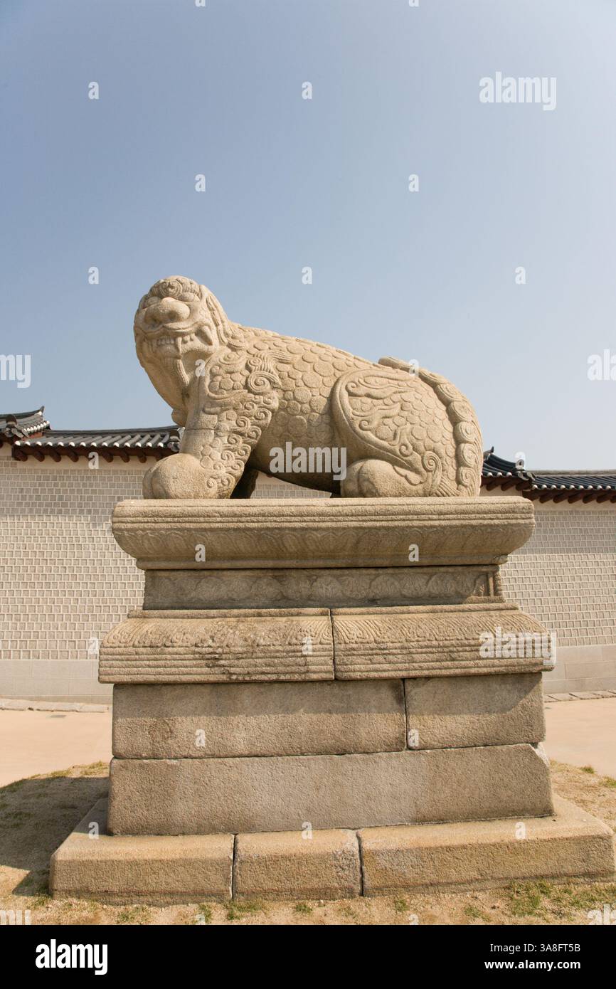 Stone haetae statue at Gyeongbokgung Palace in Seoul, a mythical guardian symbolizing protection ...