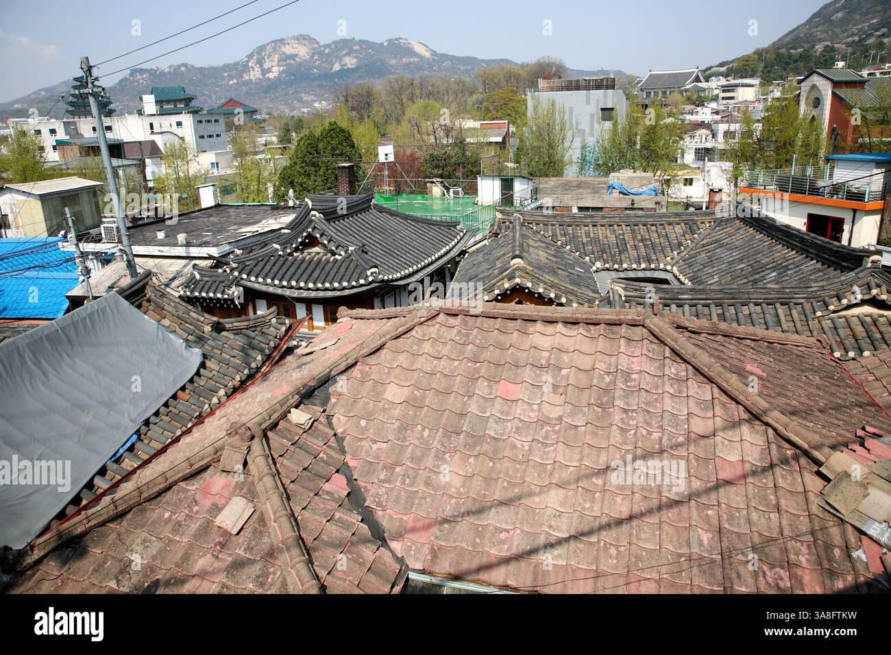 Rooftop view of Bukchon Hanok Village in Seoul, with tiled roofs and ...