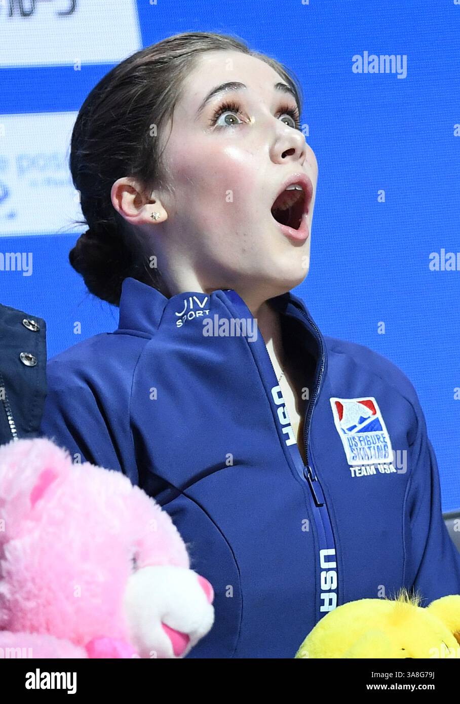 Isabeau Levito of the United States reacts after seeing her score which ...