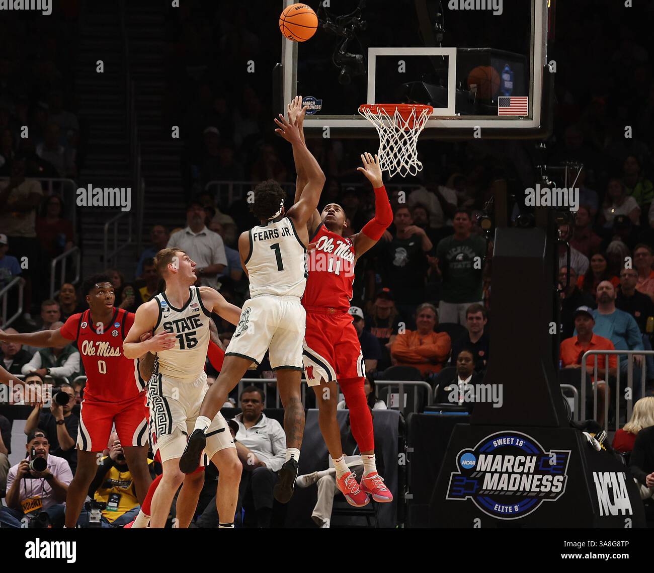 Michigan State guard Jeremy Fears, Jr. (1) shoots over Ole Miss guard ...