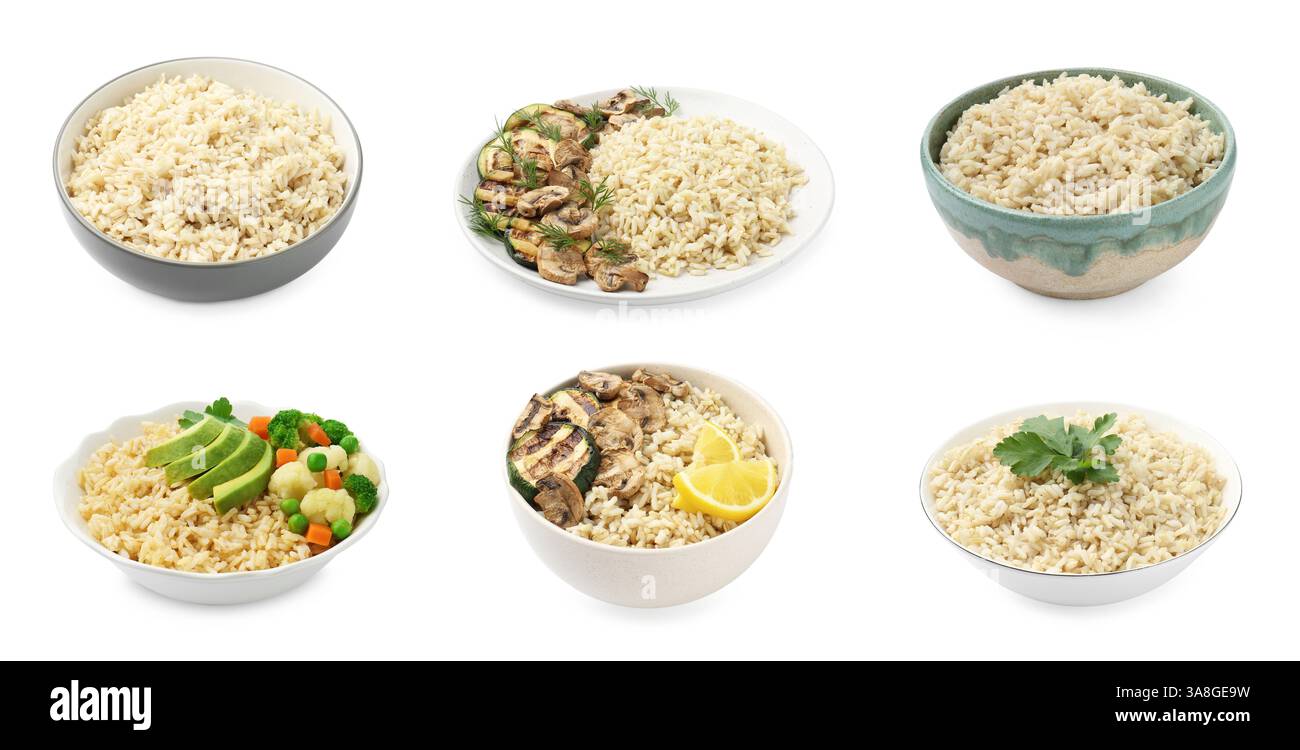 Tasty brown rice isolated on white, set Stock Photo - Alamy