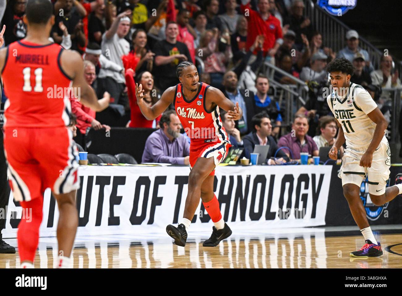 ATLANTA, GA – MARCH 28: Ole Miss guard Davon Barnes (7) reacts after a ...