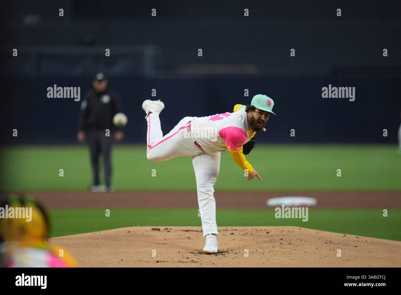 San Diego Padres starting pitcher Dylan Cease works against an Atlanta ...