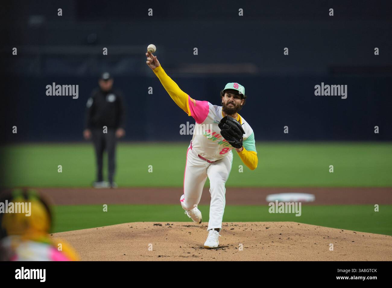 San Diego Padres starting pitcher Dylan Cease works against an Atlanta ...