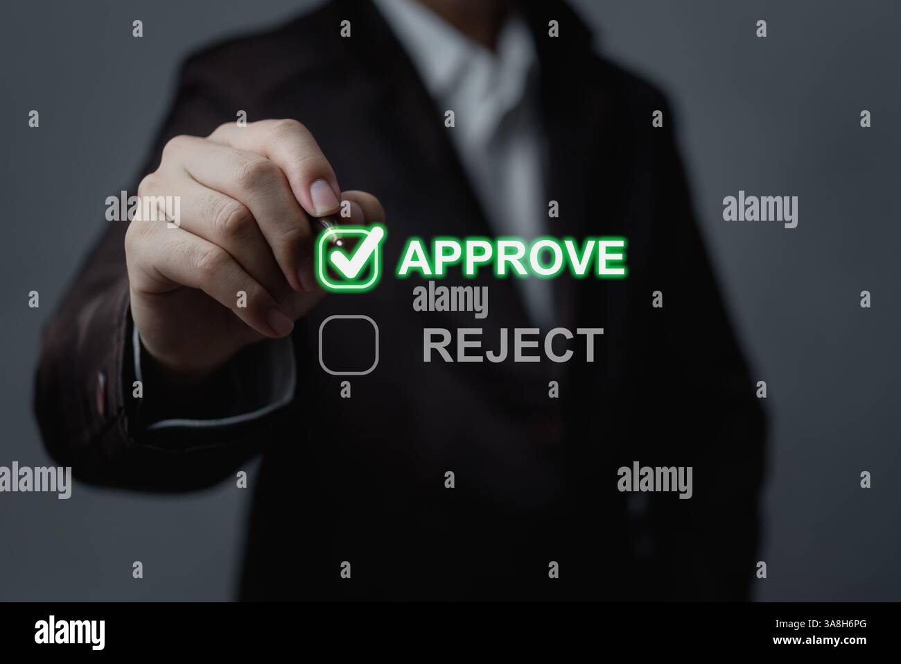 Business professional interacting with a digital approval system ...