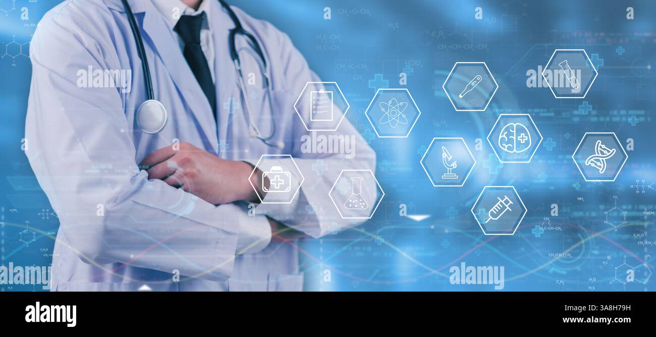 Doctor with futuristic medical interface on a blue background.Medical ...