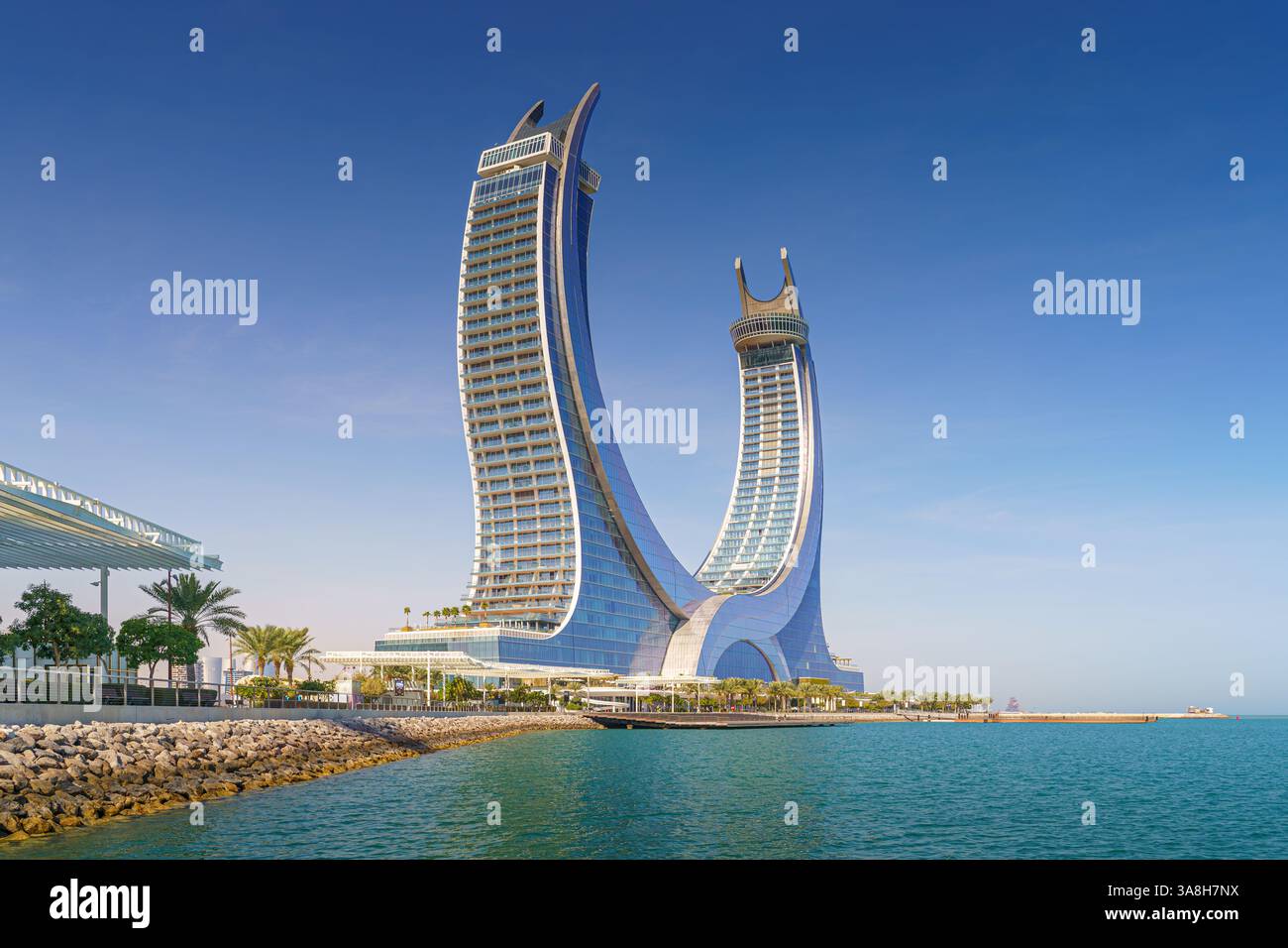 Doha, Qatar - Jan 14 2024, Panoramic view of the two luxury hotels ...