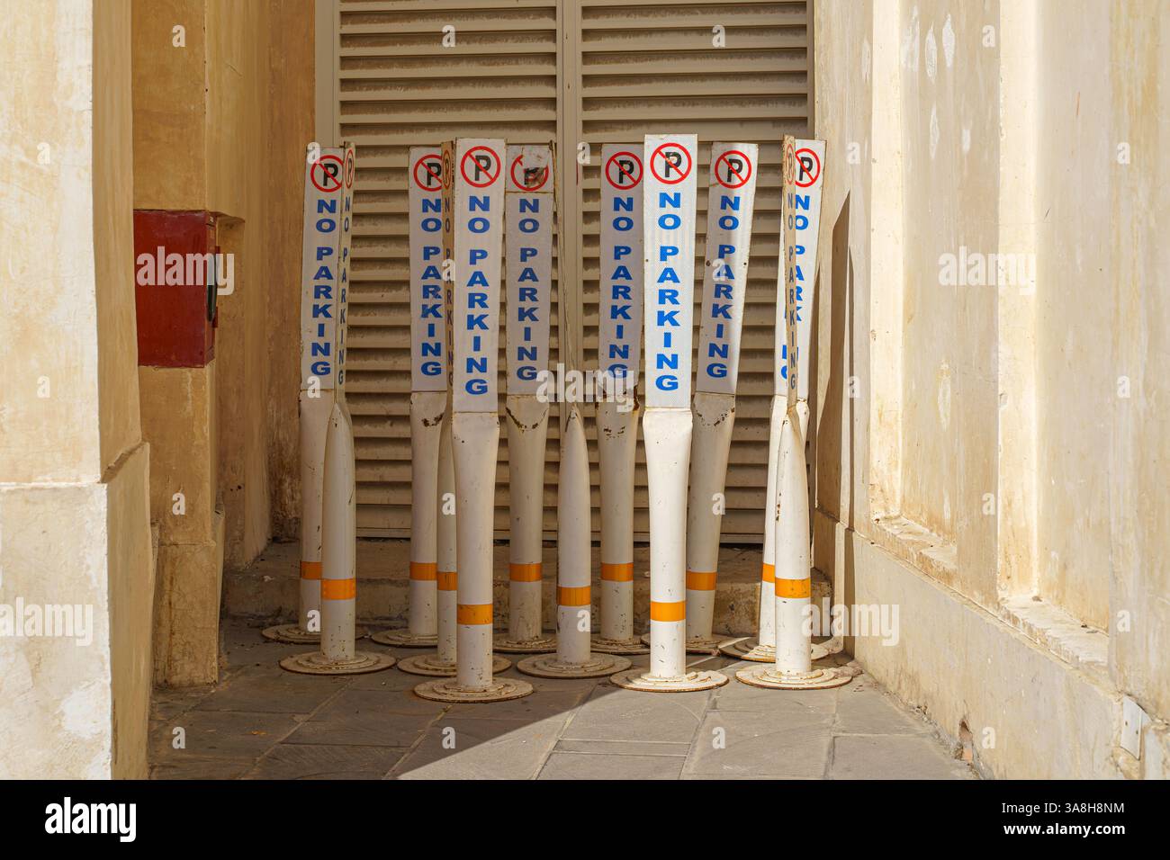 Doha, Qatar - Jan 14 2024, Close-up view of several plastic signs ...