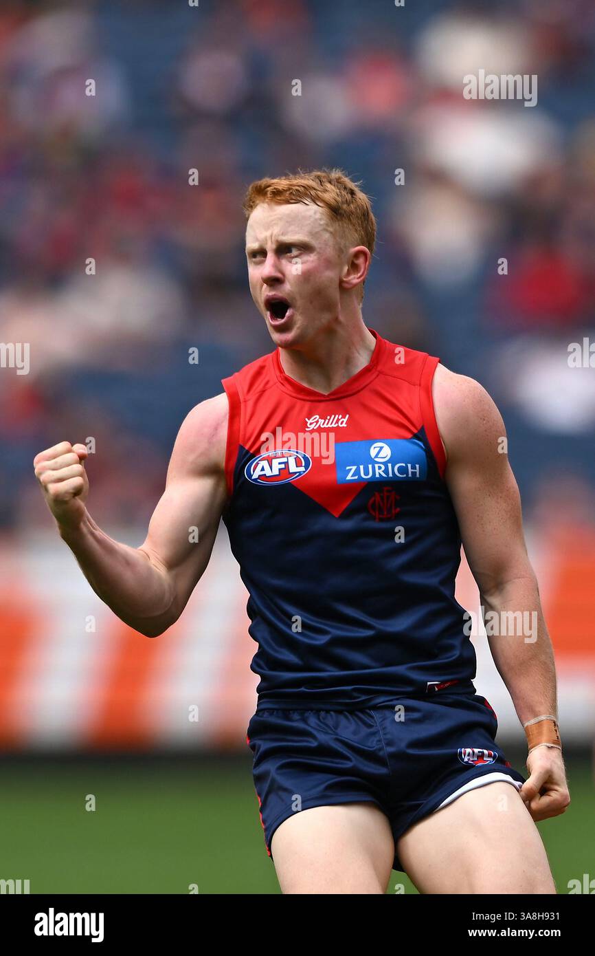 Jake Bowey of the Demons reacts after kicking a goal during the AFL ...