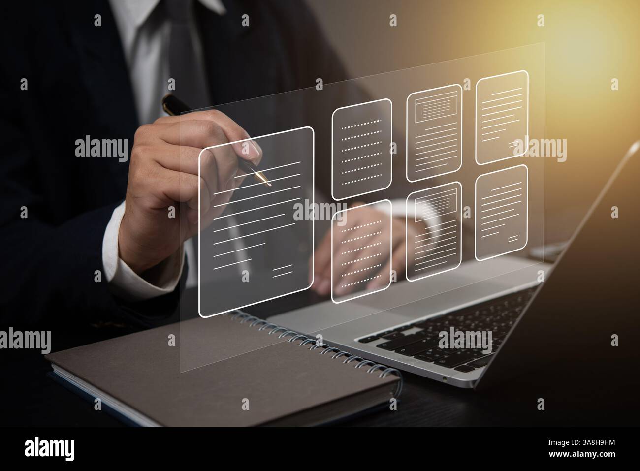 business professional interacting with a digital interface of document ...