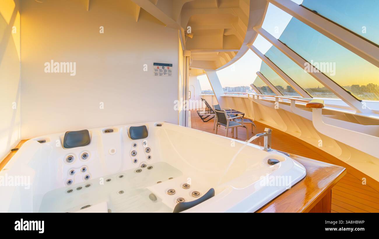 Doha, Qatar - Jan 14 2024, Panoramic view of the terrace from the ...