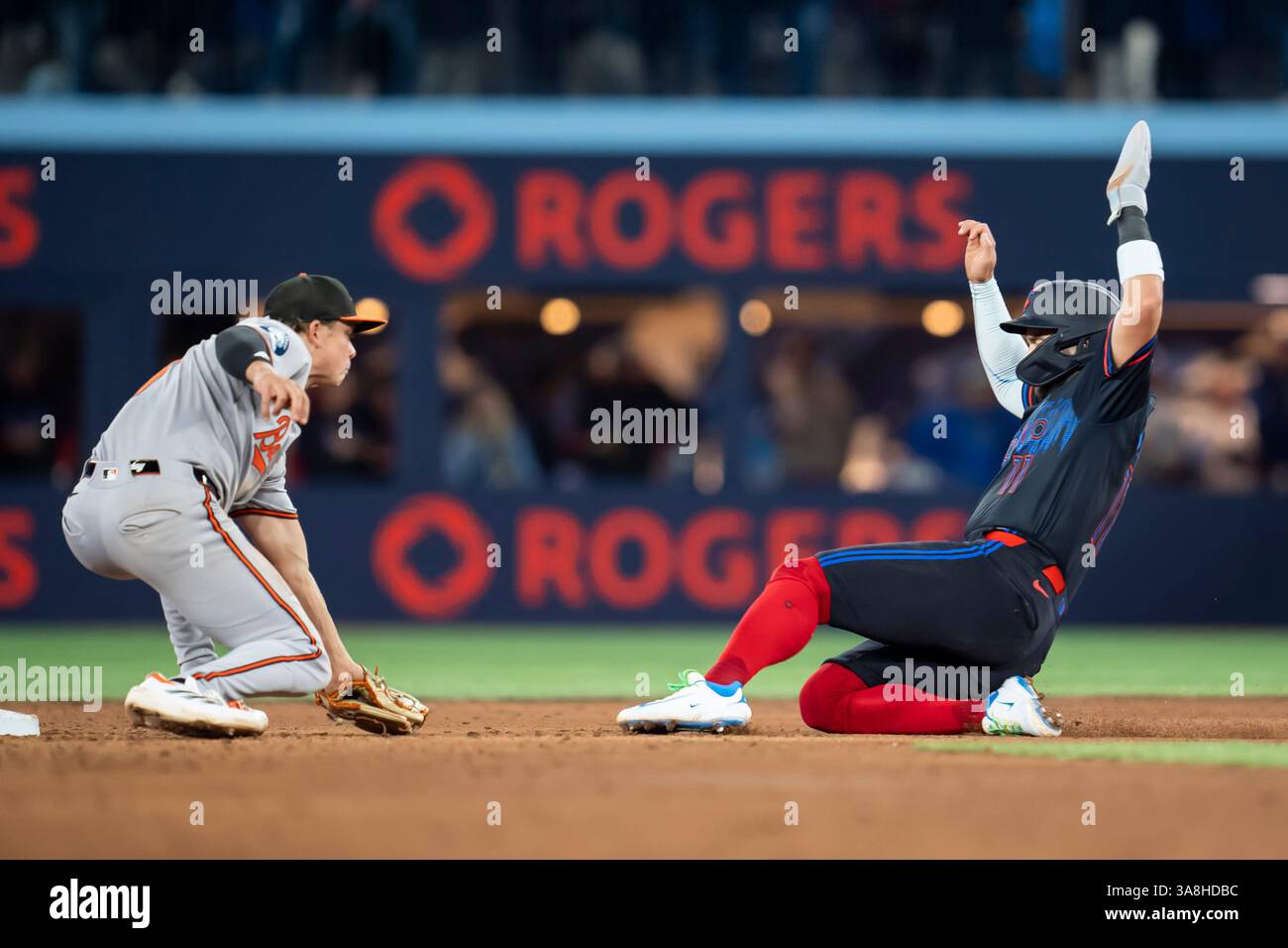 Toronto Blue Jays' Bo Bichette (11) is tagged out while trying to steal ...