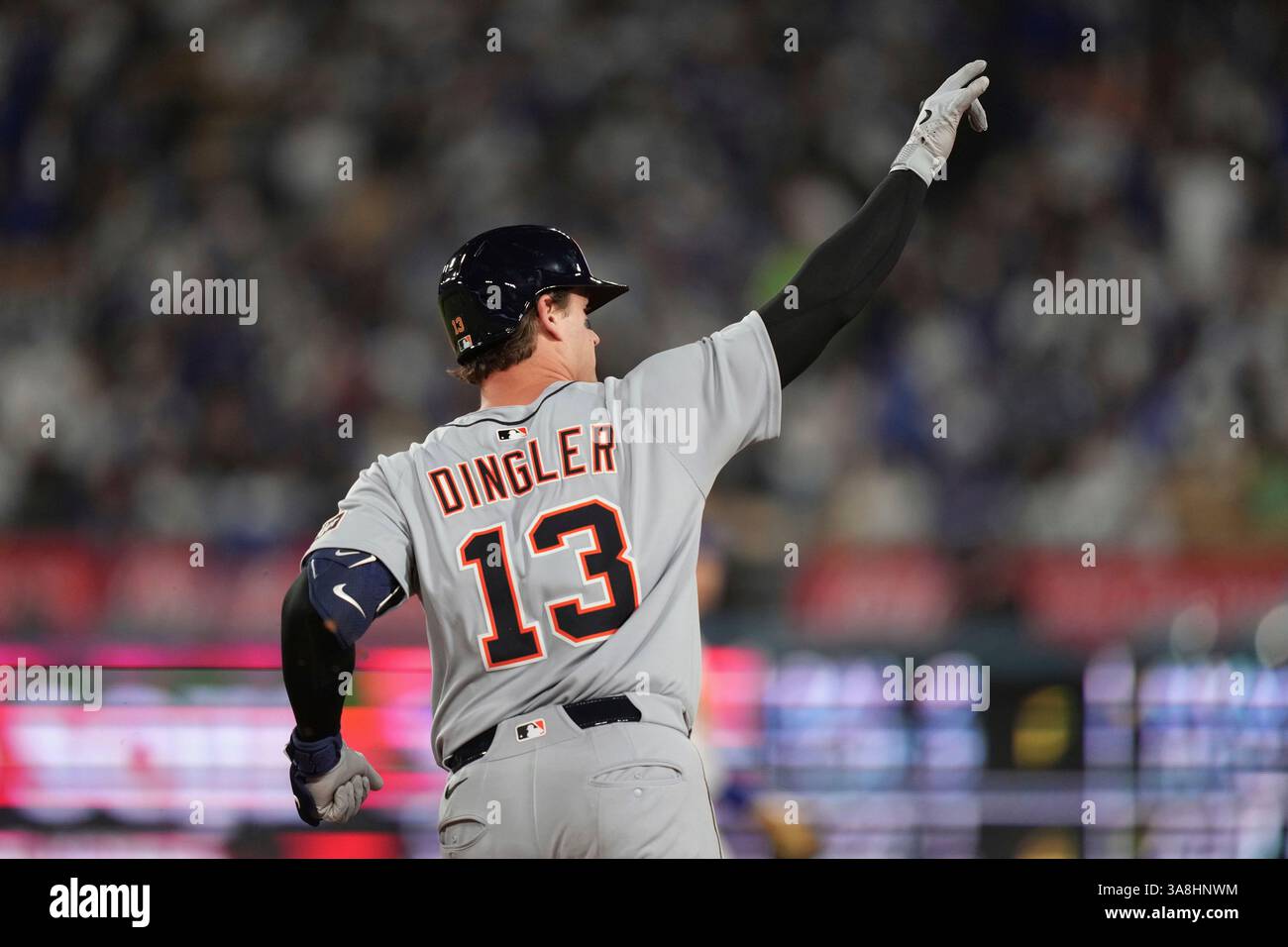 Detroit Tigers' Dillon Dingler gestures after hitting a solo home run ...
