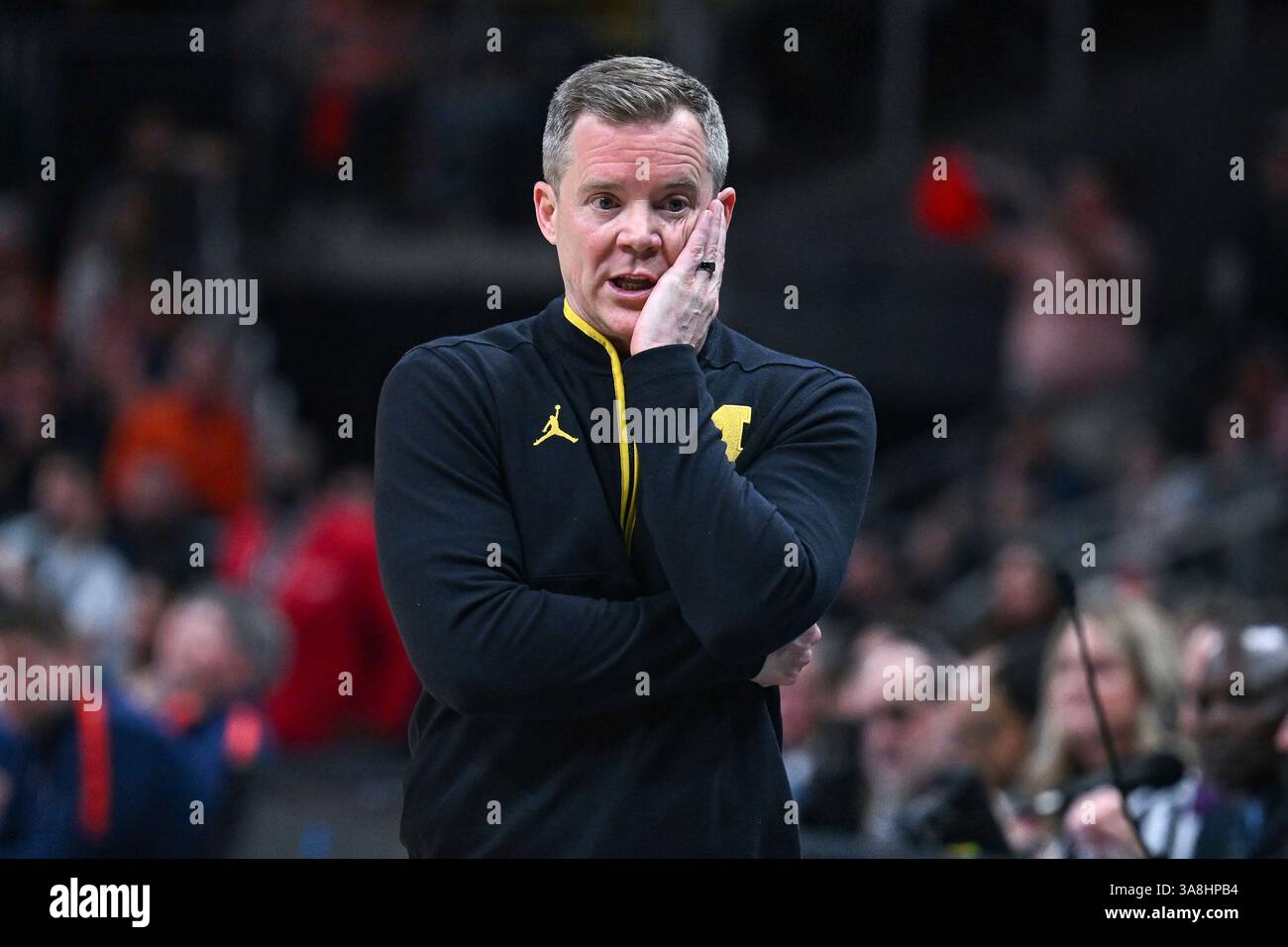 ATLANTA, GA – MARCH 28: Michigan head coach Dusty May reacts during the ...