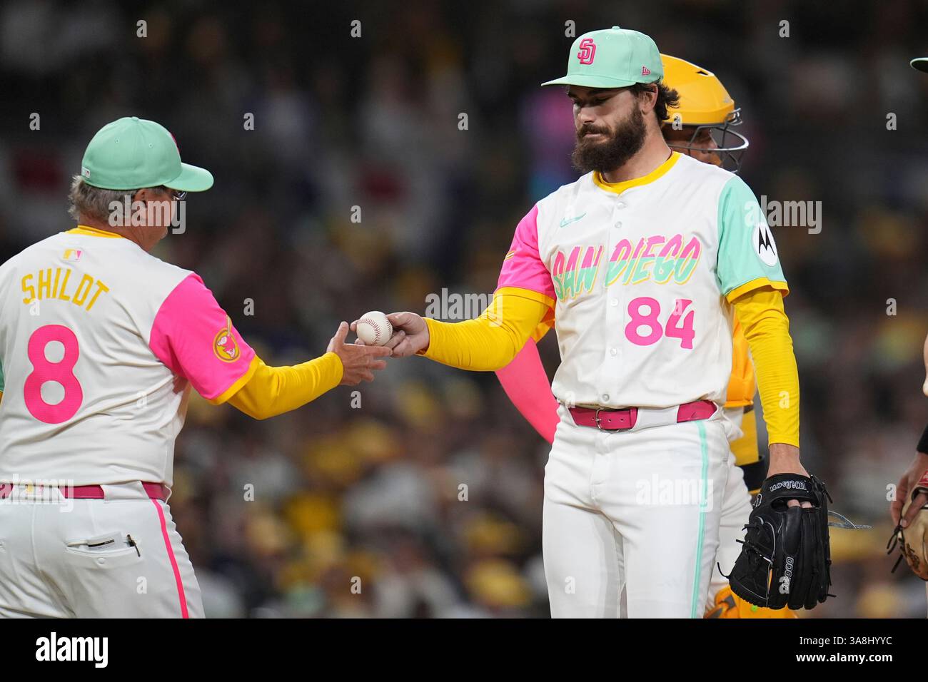 San Diego Padres starting pitcher Dylan Cease (84) hands the ball to ...
