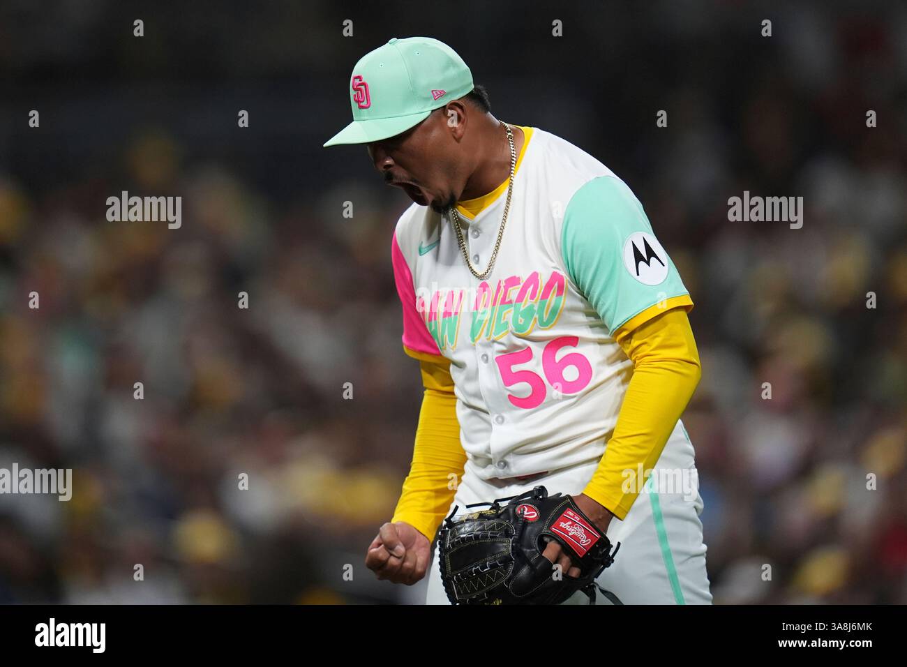 San Diego Padres relief pitcher Jeremiah Estrada celebrates after the ...