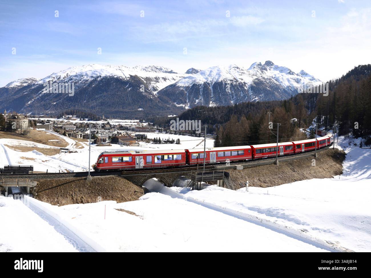 The photo shows the Albula line of the Rhaetian Railway, a private ...