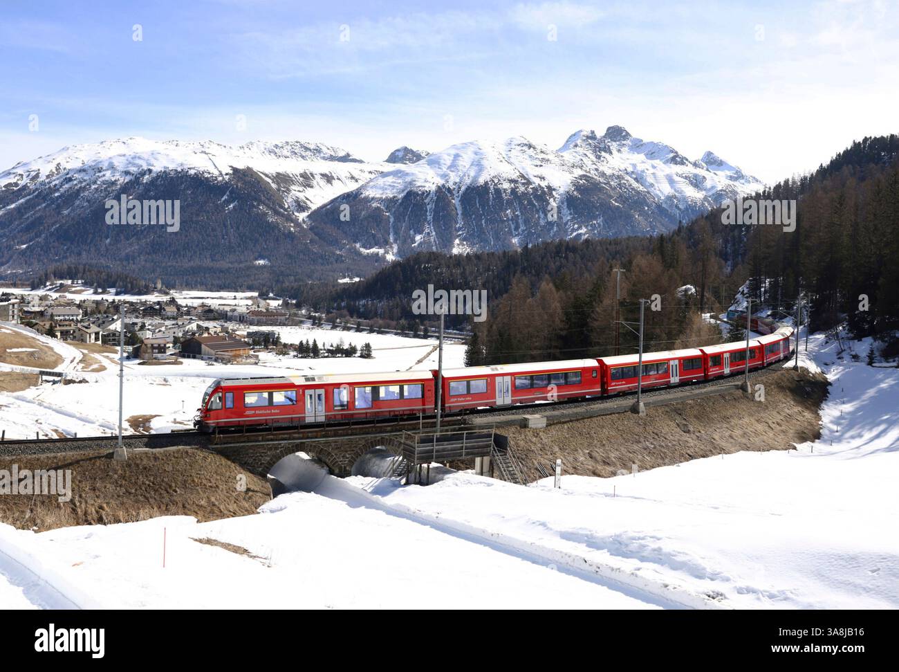 The photo shows the Albula line of the Rhaetian Railway, a private ...