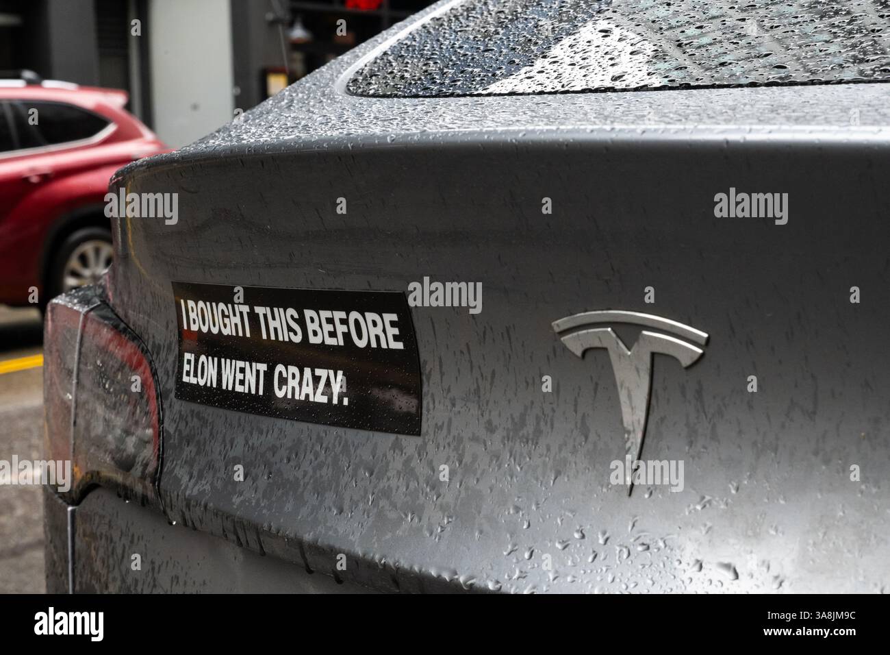 Seattle, USA. 28th Mar 2025. Anti - Elon Musk sticker seen on a Tesla ...