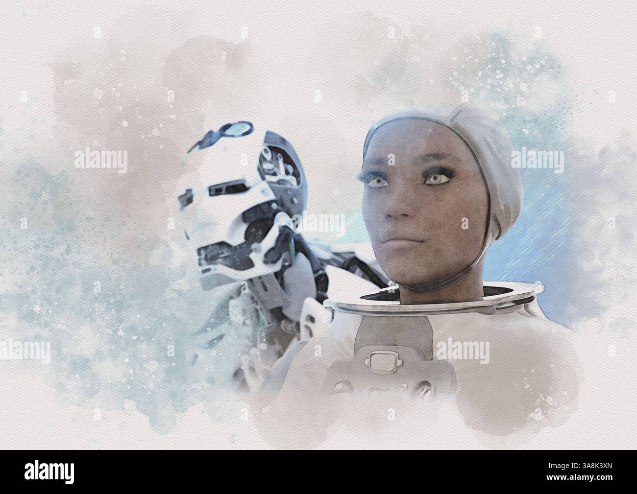 Astronaut with robot assistant, illustration Stock Photo - Alamy