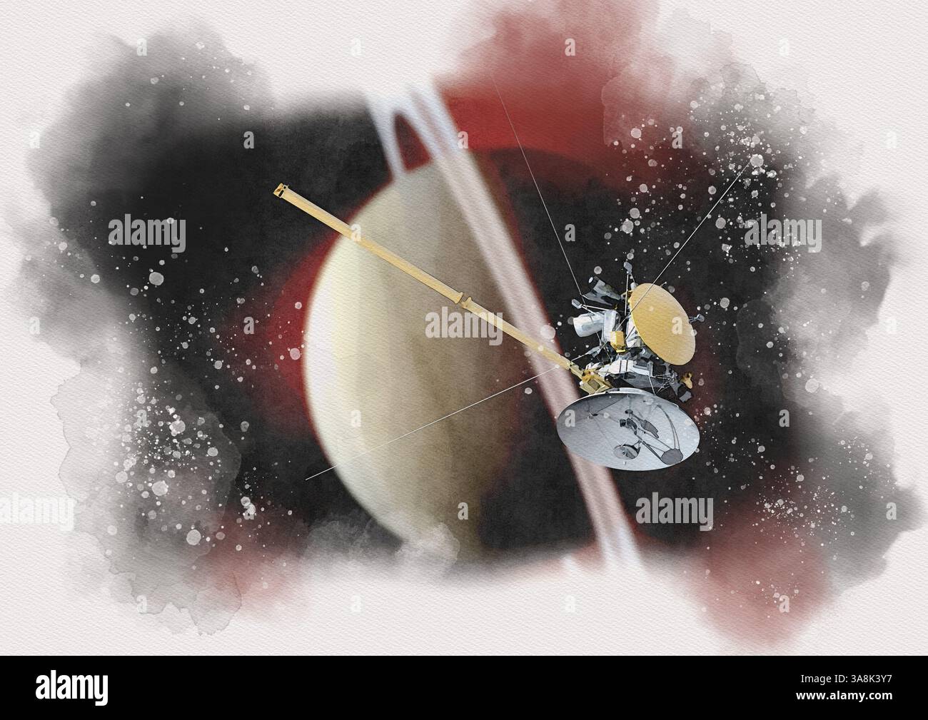Illustration of the Cassini spacecraft orbiting Saturn Stock Photo - Alamy