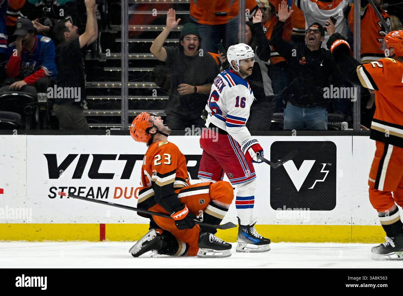 Anaheim Ducks center Mason McTavish (23) reacts after scoring a goal as ...