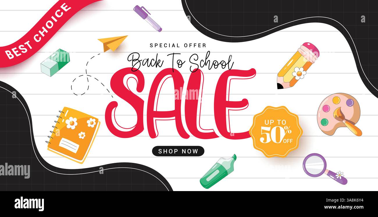 Back to school sale clipart banner design. School 50% off special offer ...